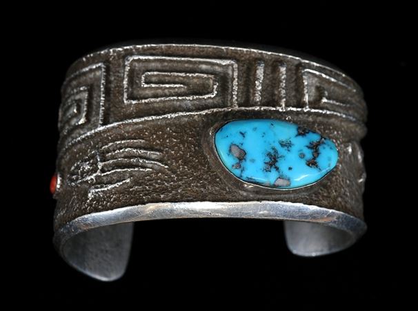 Hopi Master Silversmith Preston Monongye Silver and Turquoise Bracelet ...