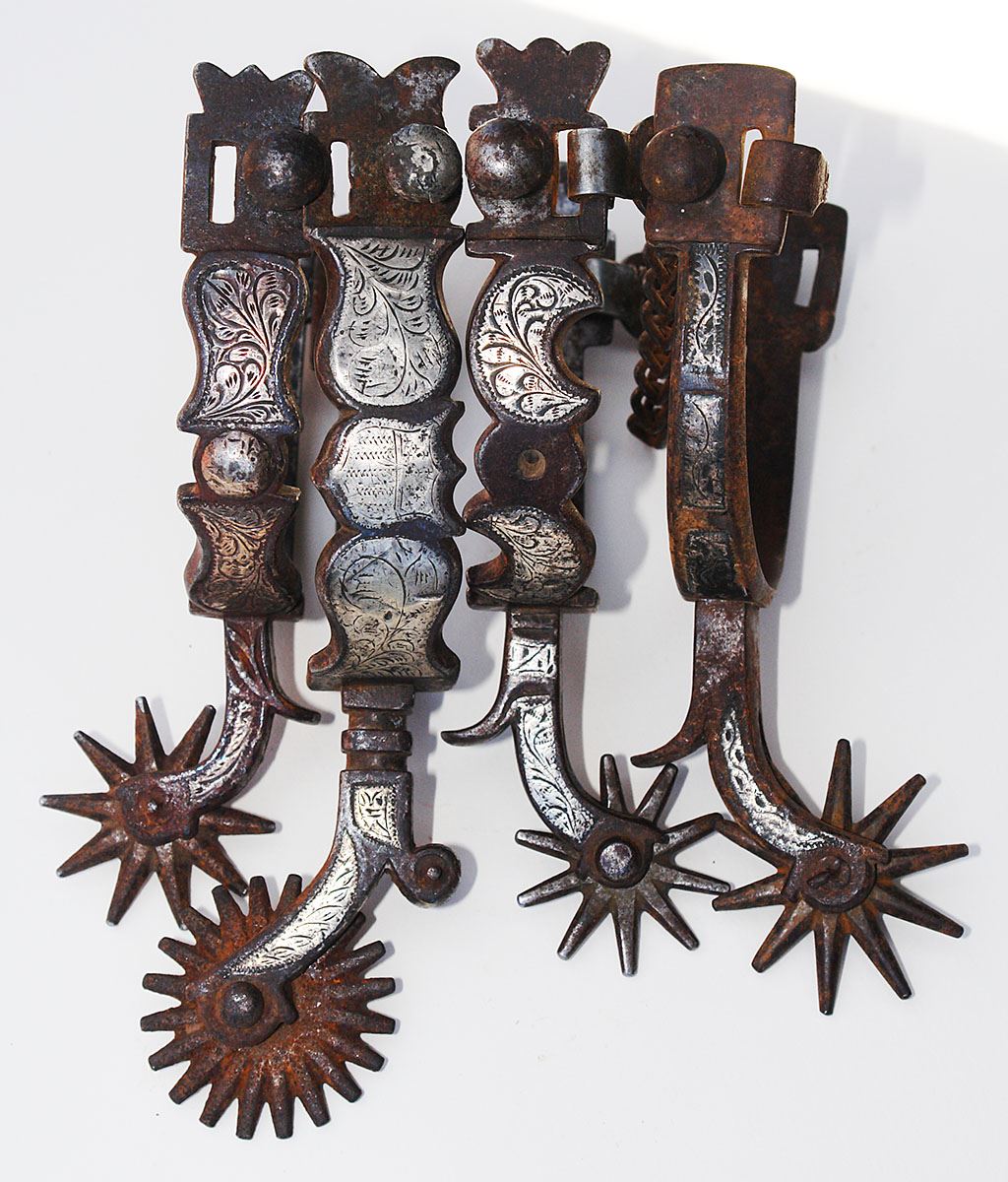 4 Buermann and Calif silver inlaid single spurs