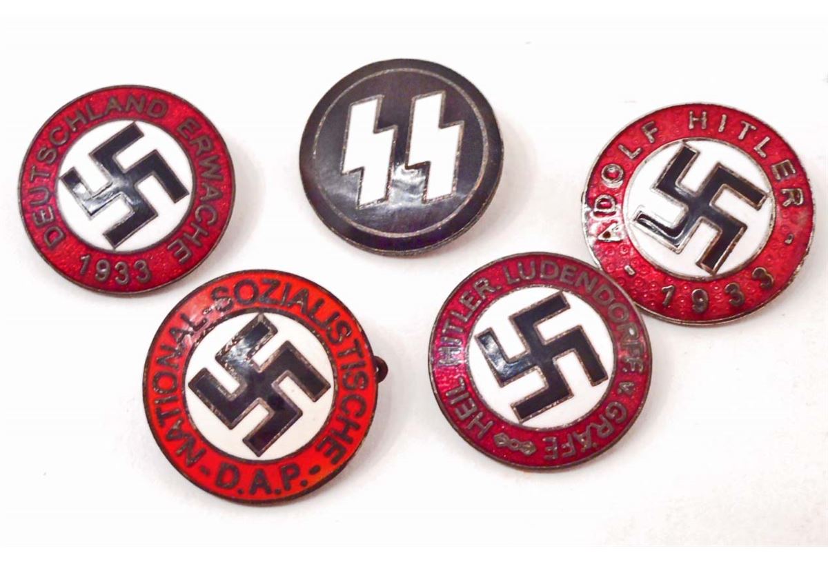 LOT OF 5 GERMAN NAZI SWASTIKA & SS PARTY PINS