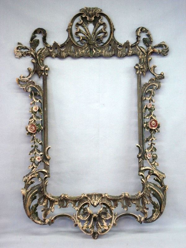 Large green paint decorated Rococo style frame, floral and shell ...