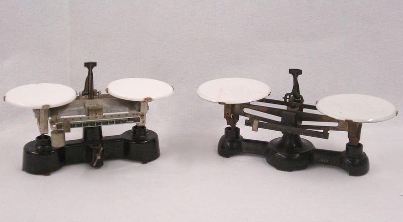 Two drug store balance scales including 1) Cenco Scientific Co ...