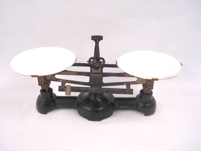 Two drug store balance scales including 1) Cenco Scientific Co ...