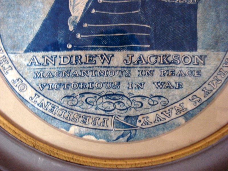 Andrew Jackson blue and white printed textile on linen - framed and ...
