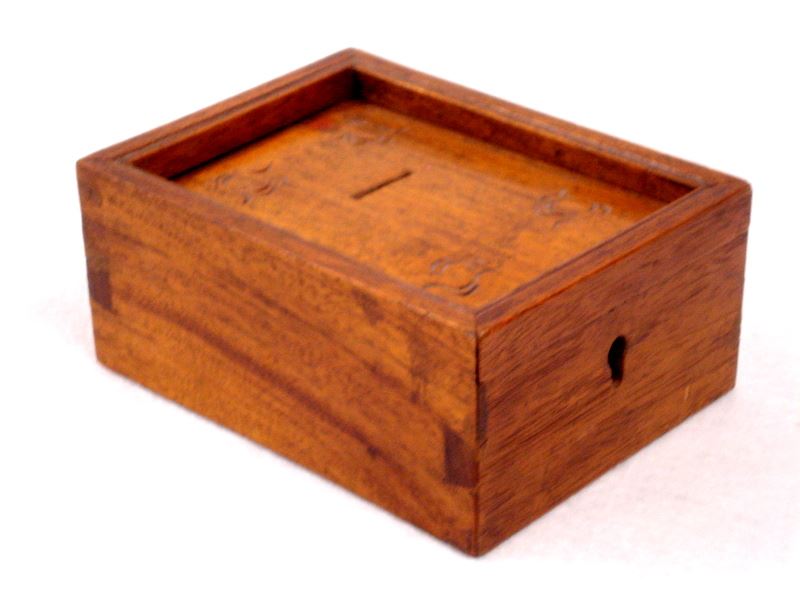 Small oriental mahogany wooden coin box with sliding lid and original ...