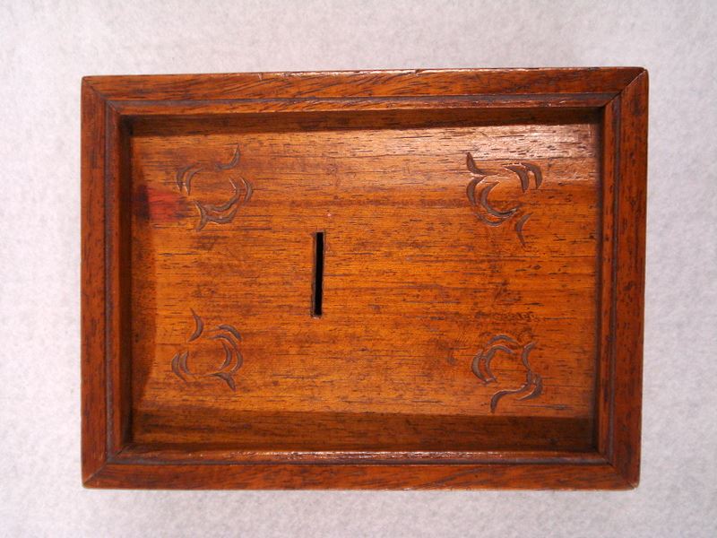 Small oriental mahogany wooden coin box with sliding lid and original ...