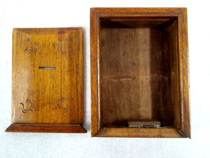 Small oriental mahogany wooden coin box with sliding lid and original ...