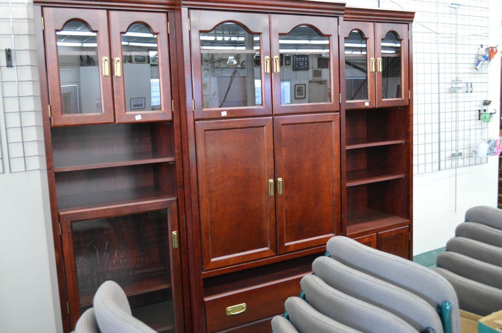 Three piece cherry finish wall unit with glass doors, solid doors ...
