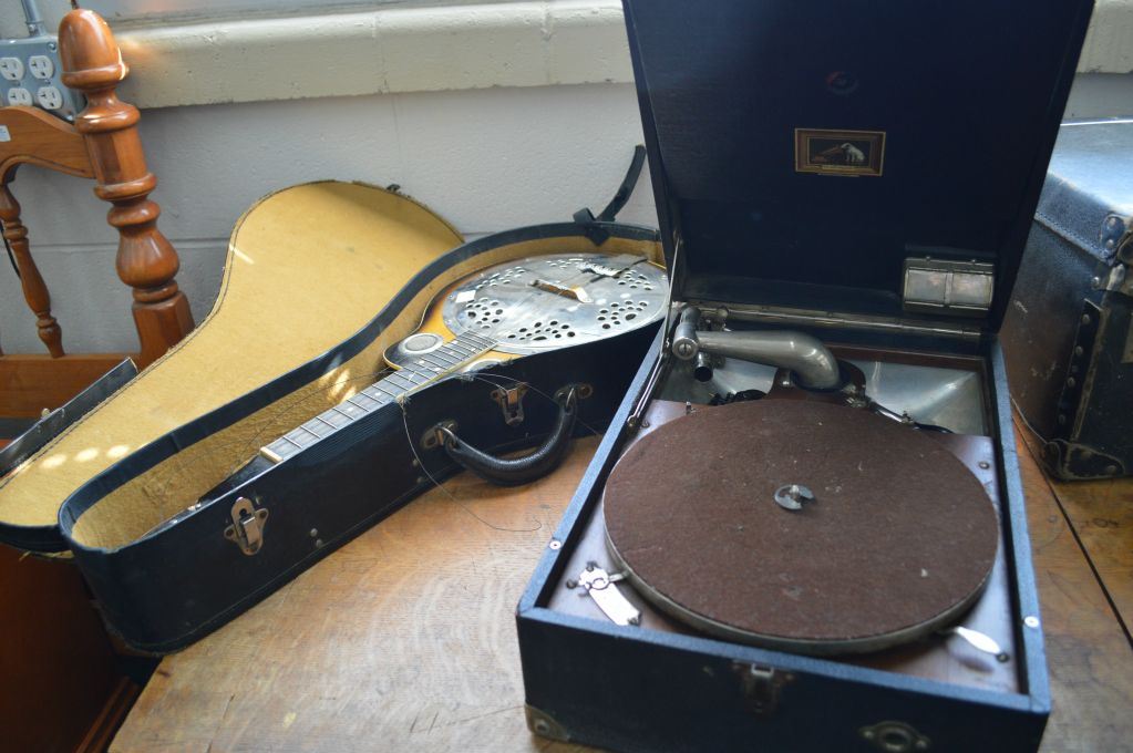 Vintage portable wind up gramophone and a Regal Resonator Dobro ...