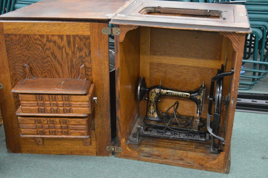 Antique oak sewing cabinet with cast metal antique Seamstress sewing ...