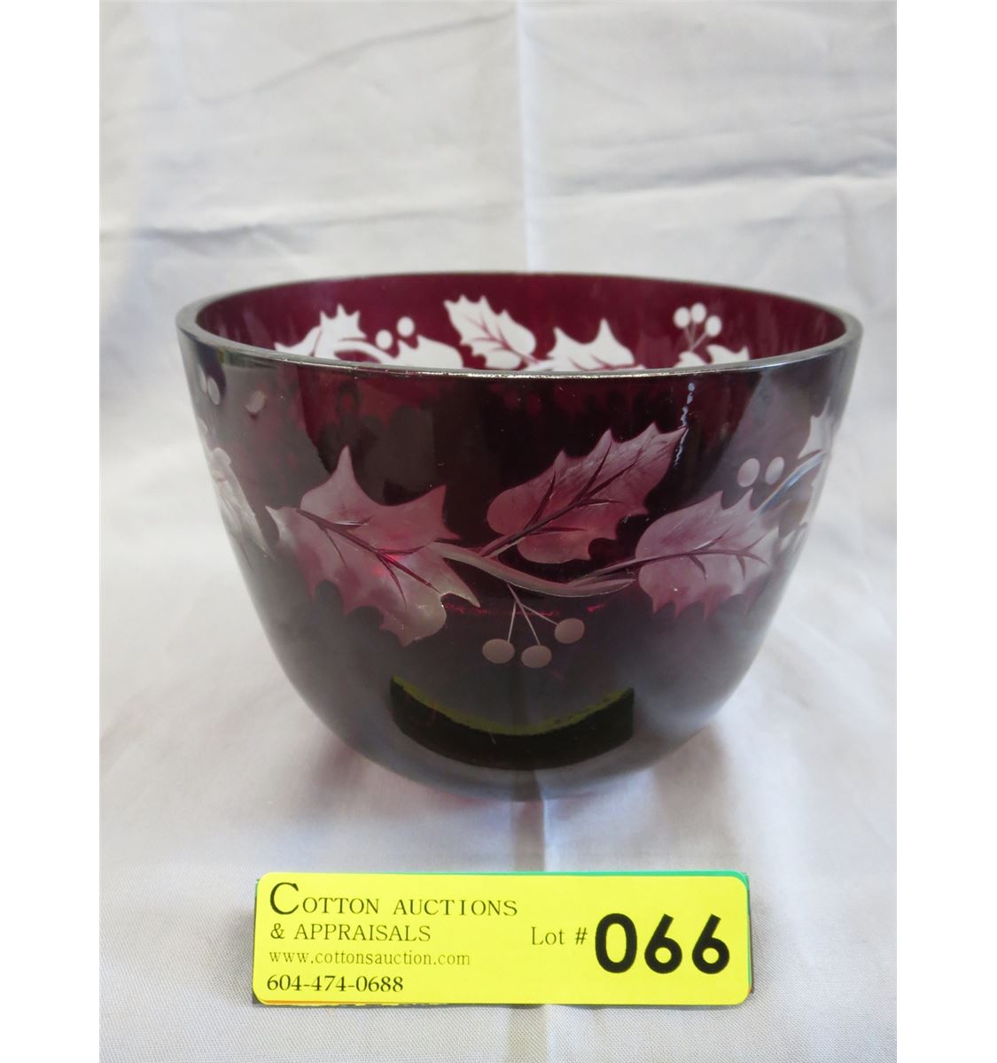 1950's Flash Ruby glass bowl - etched Holly Leaf
