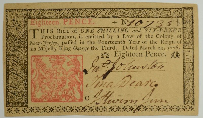 1776 EIGHTEEN PENCE NEW JERSEY NOTE
