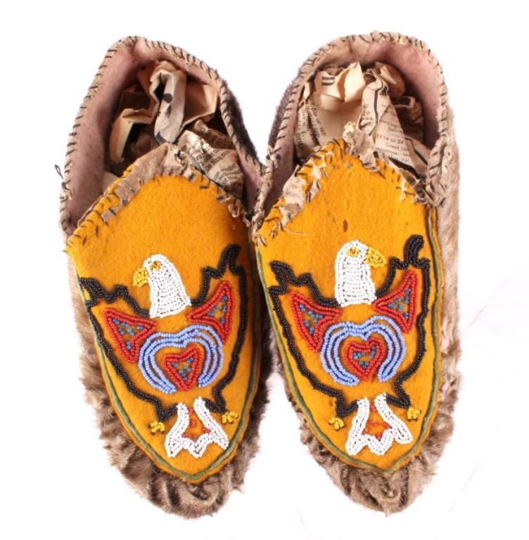 Eskimo Seal Skin Moccasins with Beaded Eagle
