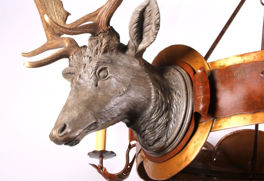 Rustic German Fallow Deer Mount Copper Chandelier