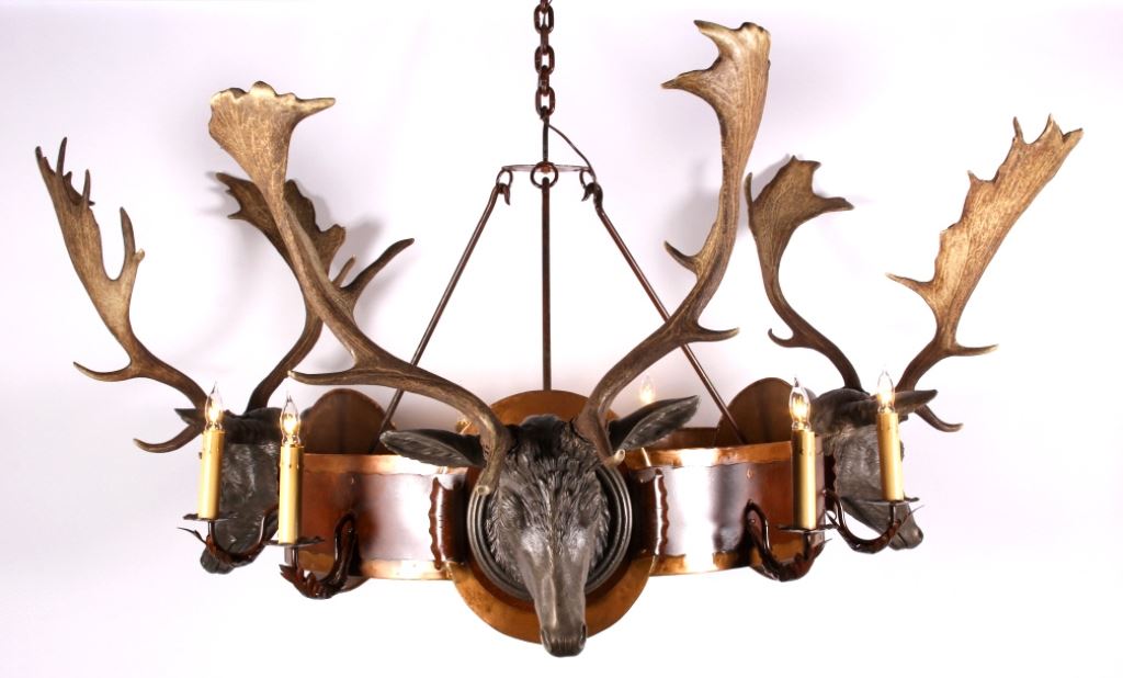 Rustic German Fallow Deer Mount Copper Chandelier