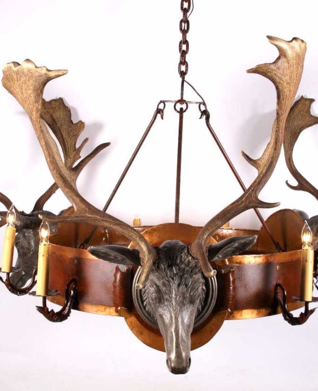 Rustic German Fallow Deer Mount Copper Chandelier