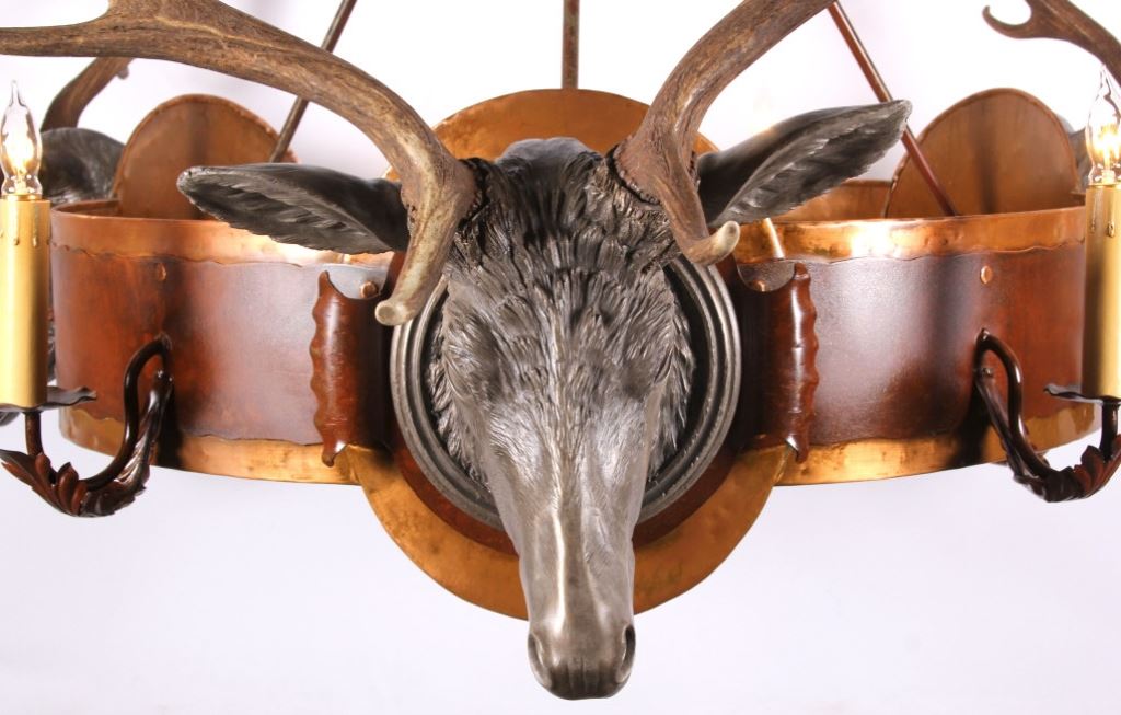 Rustic German Fallow Deer Mount Copper Chandelier