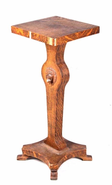 Antique Oak Lions Head Sculpture Stand