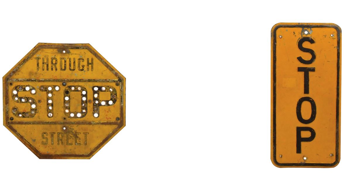 Automotive stop signs (3), porcelain triangle Car Stop, cast metal ...