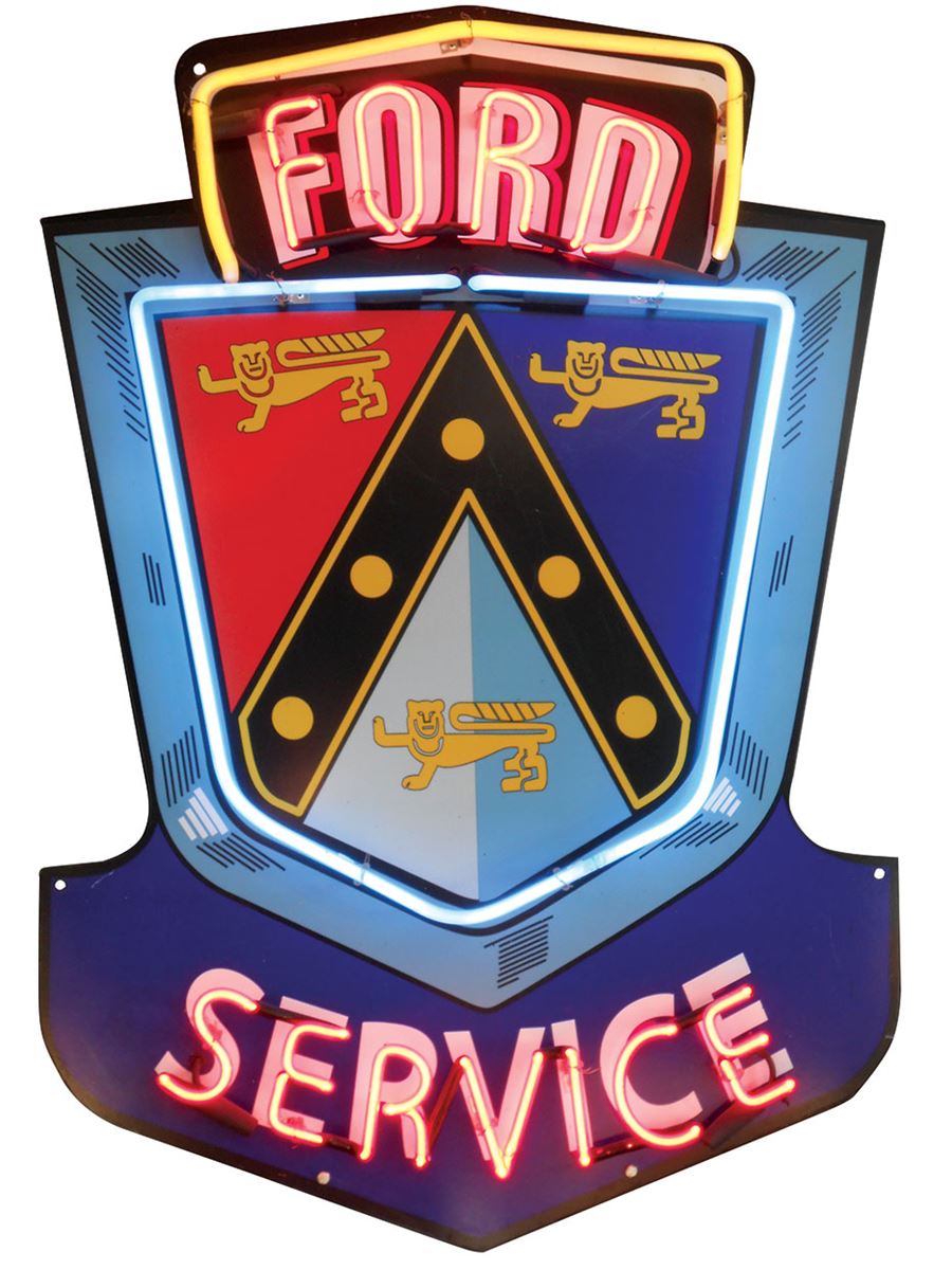 Automotive sign, Ford Service, 3-color neon on diecut metal, Exc ...
