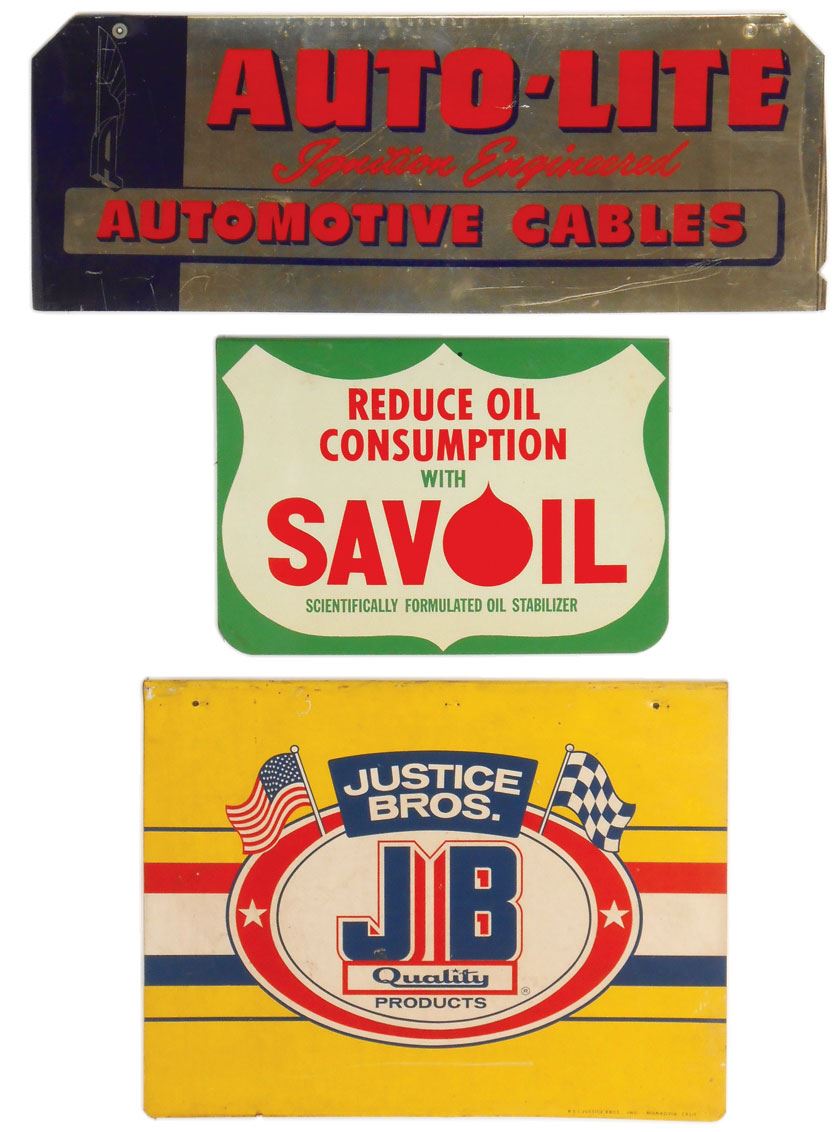 Petroliana top signs (3), Auto-Lite, Savoil & Justice Bros., all metal ...