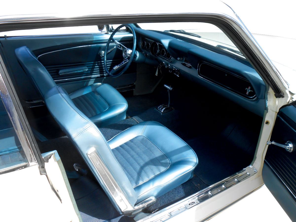 Automobile, 1966 Ford Mustang Coupe. Wimbledon white, standard blue ...