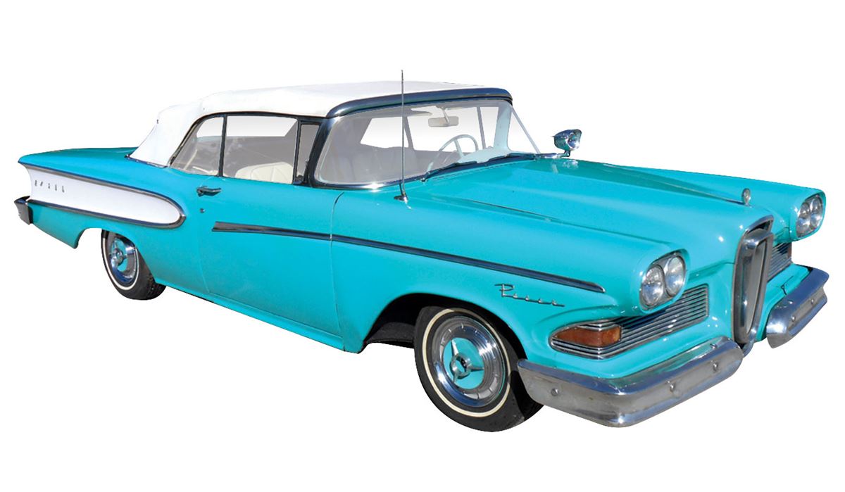 Automobile, 1958 Edsel Pacer Convertible. Light blue-green color with ...