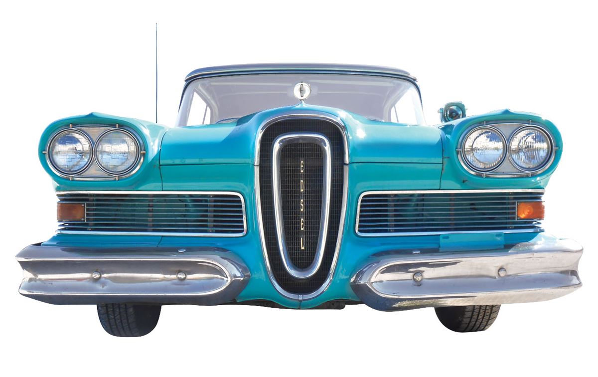 Automobile, 1958 Edsel Pacer Convertible. Light blue-green color with ...