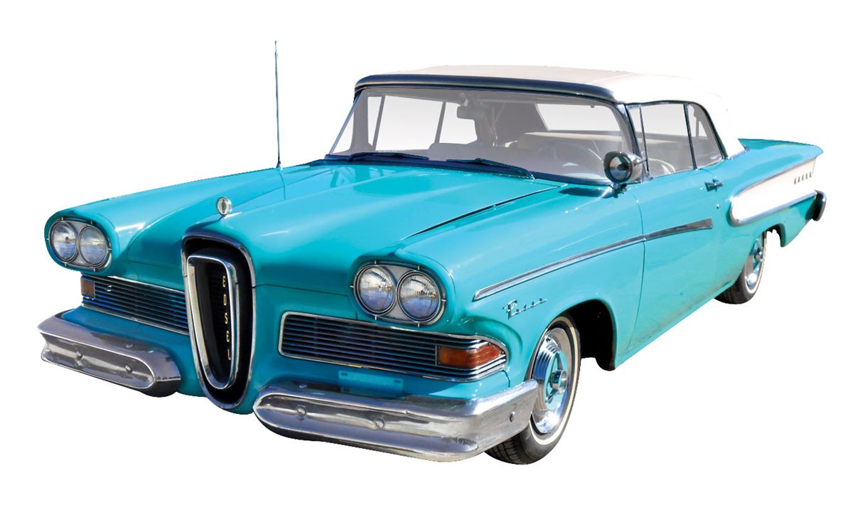 Automobile, 1958 Edsel Pacer Convertible. Light blue-green color with ...