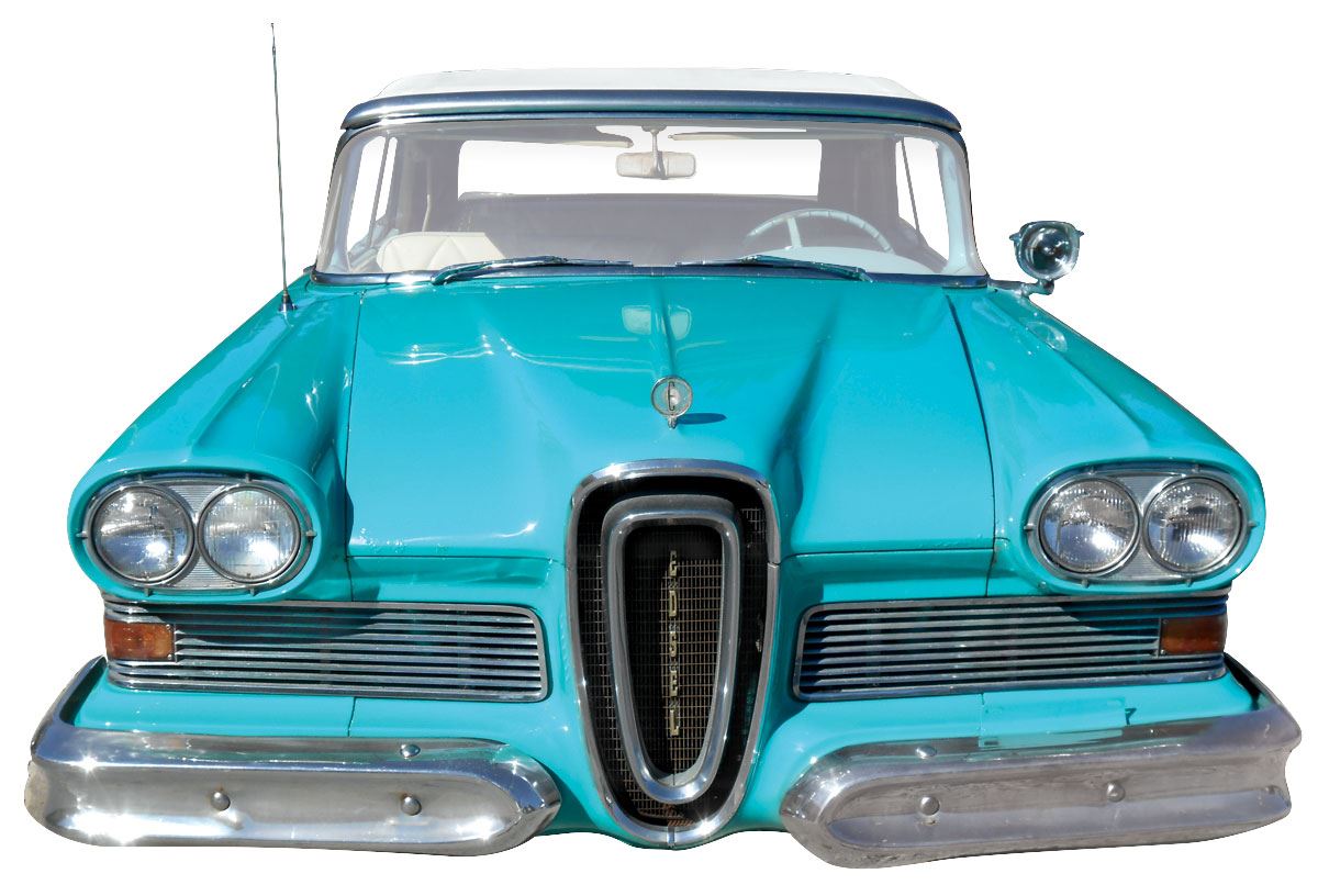 Automobile, 1958 Edsel Pacer Convertible. Light blue-green color with ...
