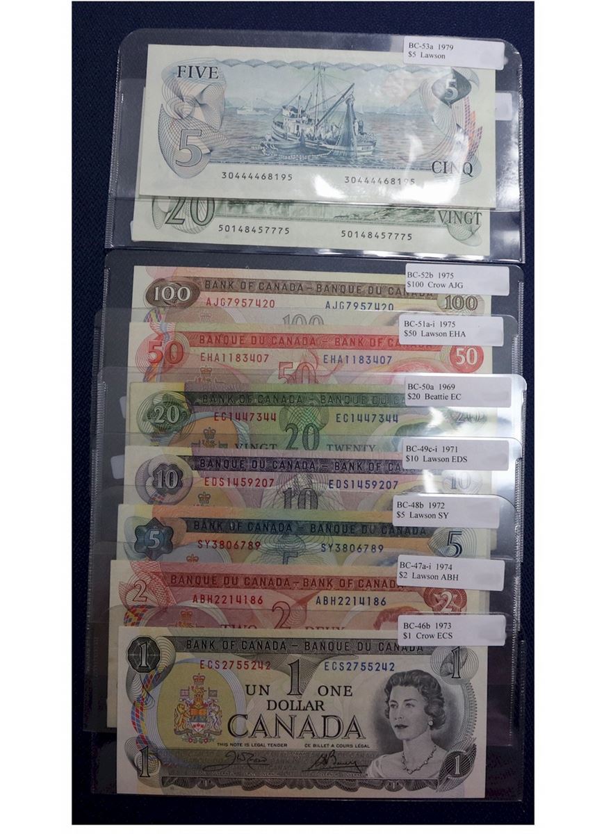 Full demonination run of Canada multicoloured series paper money. You ...