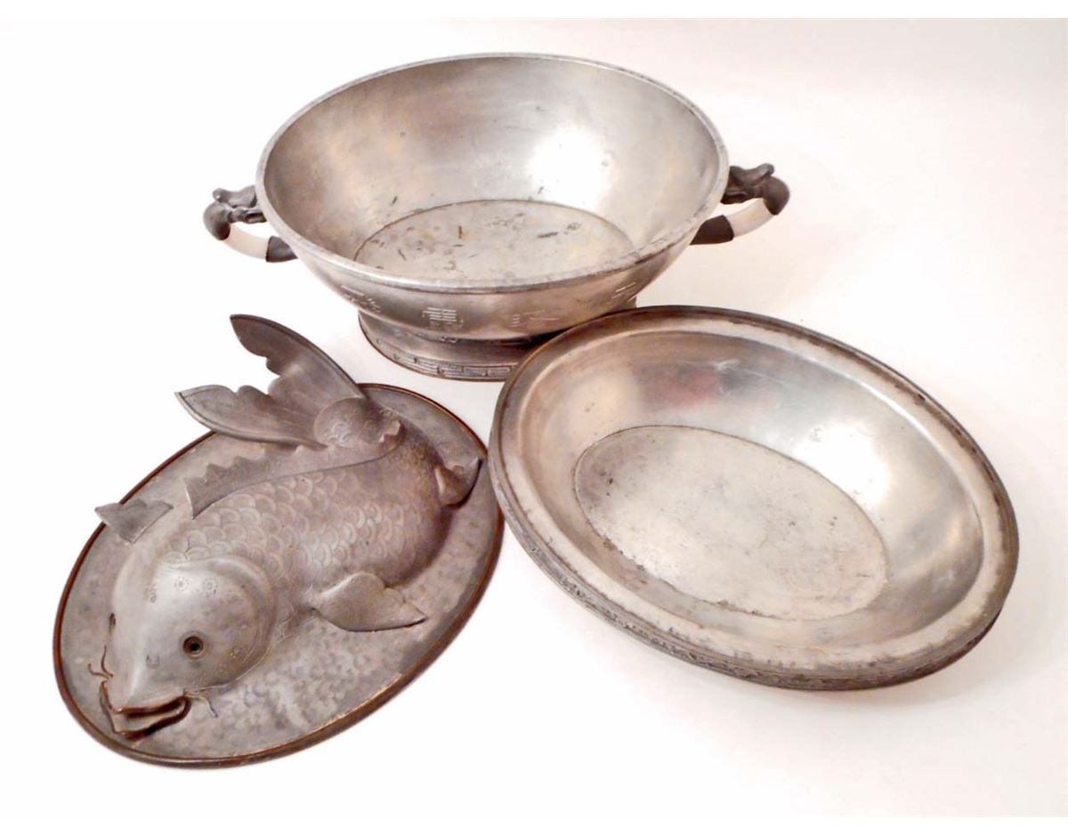 ANTIQUE CHINESE TAKWO PEWTER FISH WARMING DISH W/ JADE HANDLES