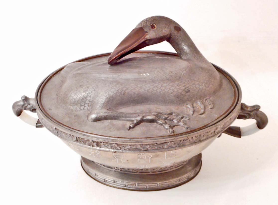 ANTIQUE CHINESE TAKWO PEWTER DUCK WARMING DISH W/ JADE HANDLES