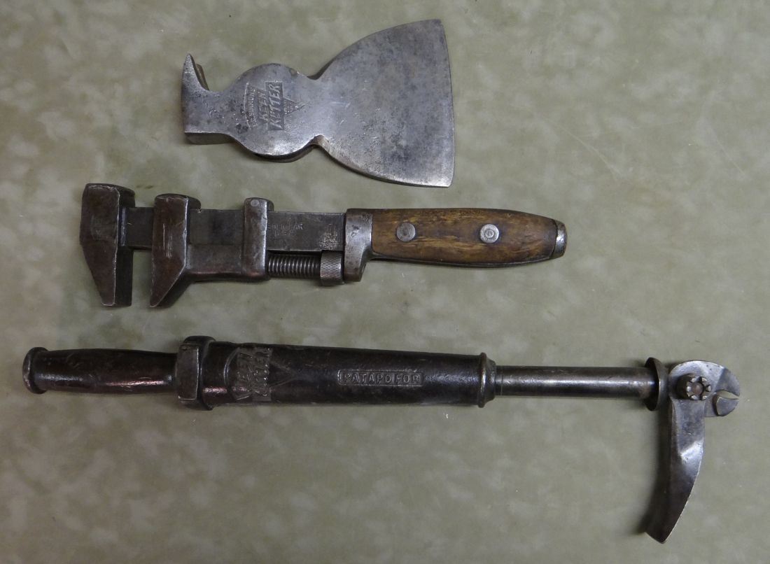 3 Keen Kutter tools, monkey wrench, axe head and nail puller, all marked