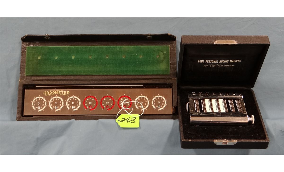 2 vintage adding machines, Gem and Add-o-Meter, in original cases
