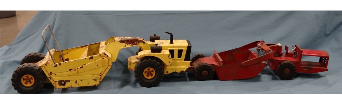 2 toy scrapers, Structo and possible Tonka, both restorable