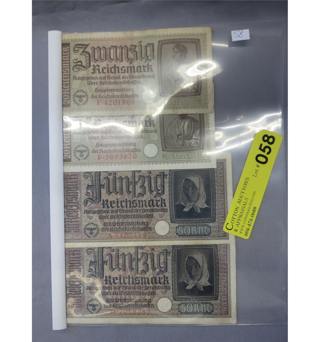 4 WWII Nazi German Reichsmark Bills