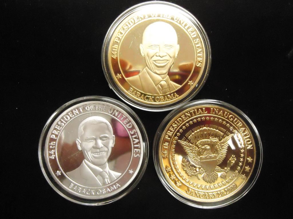 3-2009 BARACK OBAMA INAUGURATION TOKENS (PF) TWO ARE GOLD IN COLOR AND ...