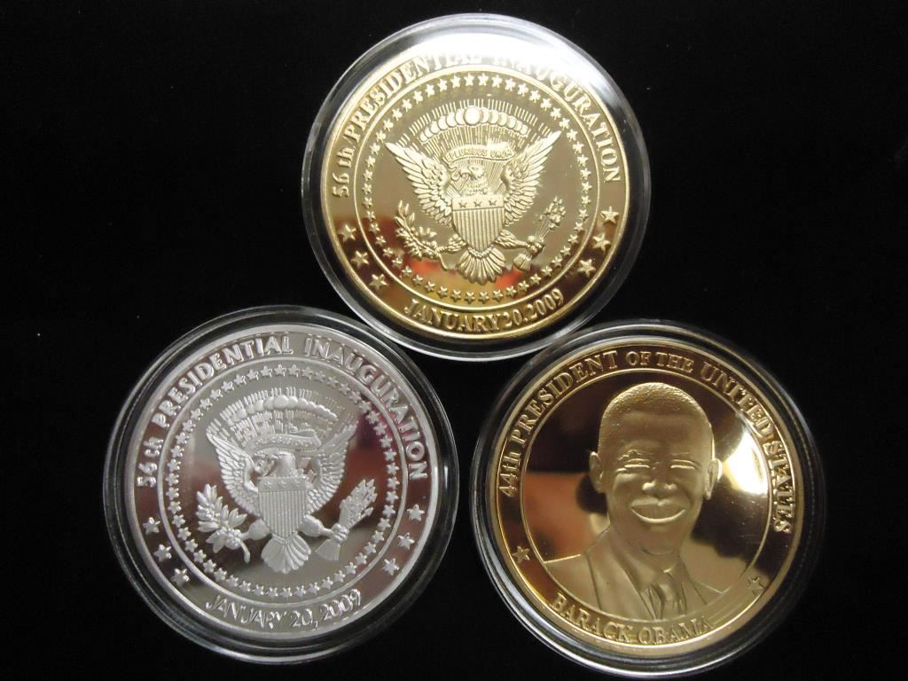 3-2009 BARACK OBAMA INAUGURATION TOKENS (PF) TWO ARE GOLD IN COLOR AND ...