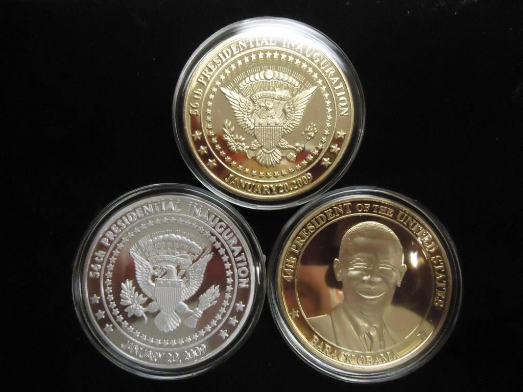 3-2009 BARACK OBAMA INAUGURATION TOKENS (PF) TWO ARE GOLD IN COLOR AND ...