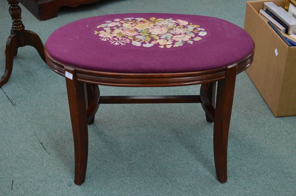 Needlework upholstered oval tall foot stool