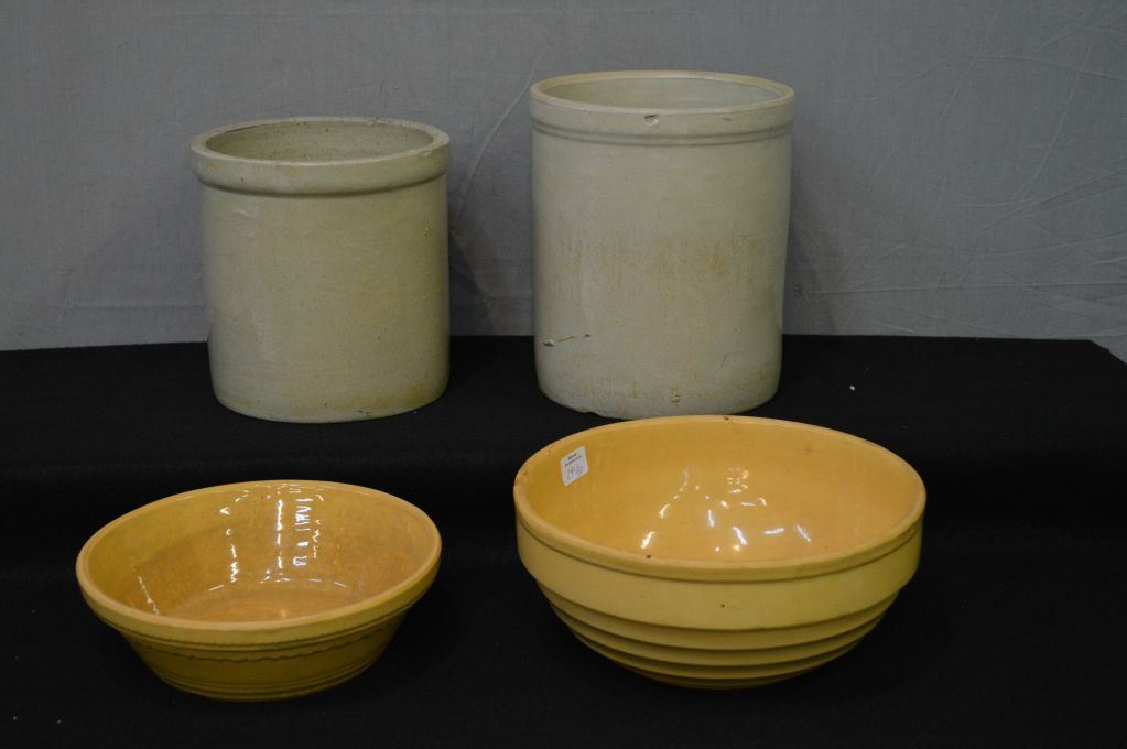 Two small stoneware crocks and two glazed stoneware bowls including one ...