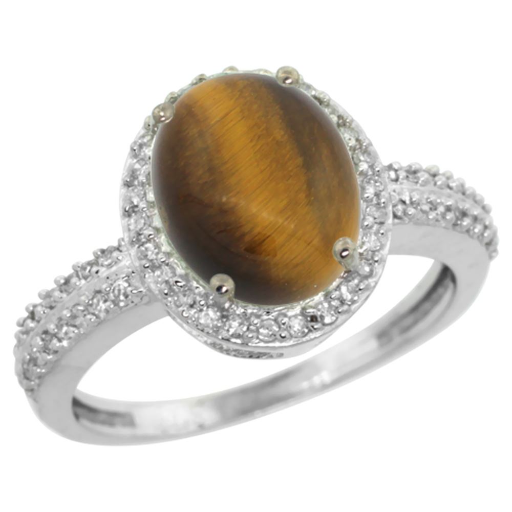 Natural 2.56 ctw Tiger-eye & Diamond Engagement Ring 14K White Gold