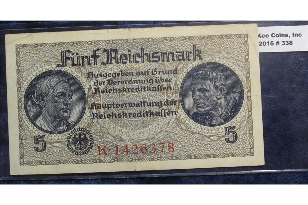 338. German Five Reichsmark Bank Note. VF+.