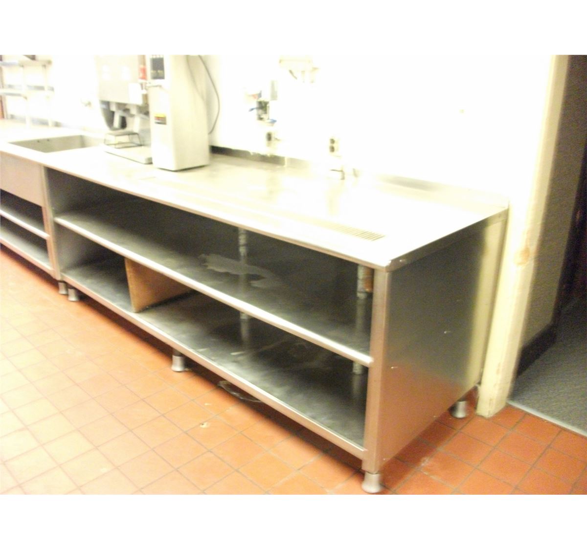 A25 - 16' STAINLESS STEEL PREP TABLE WITH SINK, 2 SHELVES, DRAIN, DRAWERS
