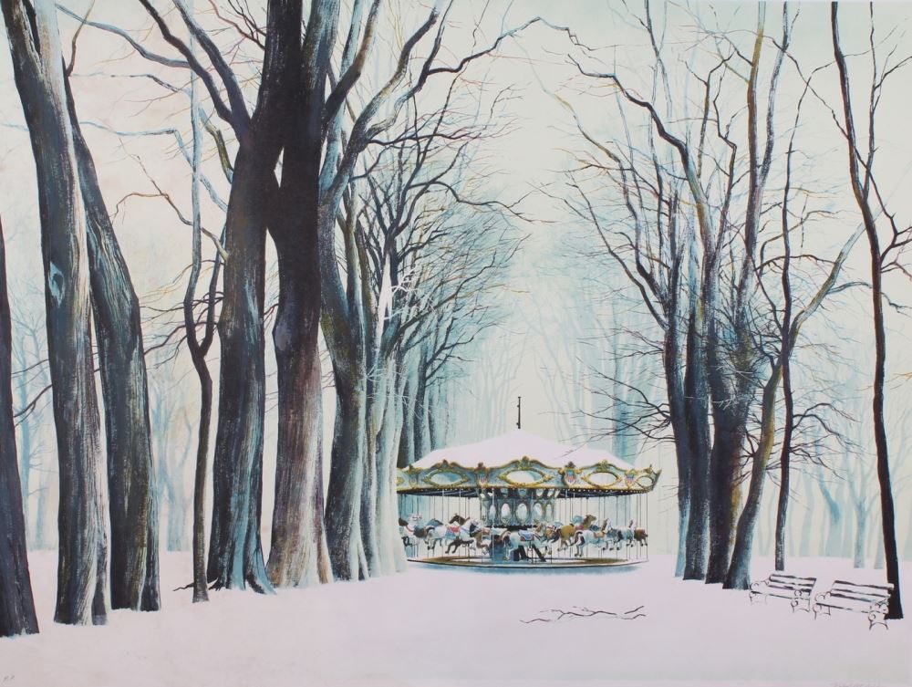 Robert Addison Signed "Winter Carousel" 20x27 PP Serigraph (PA LOA)