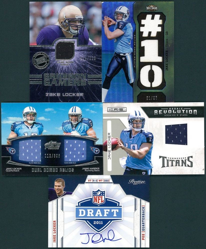 Lot of (5) Jake Locker Autograph & Game-Used Insert Cards
