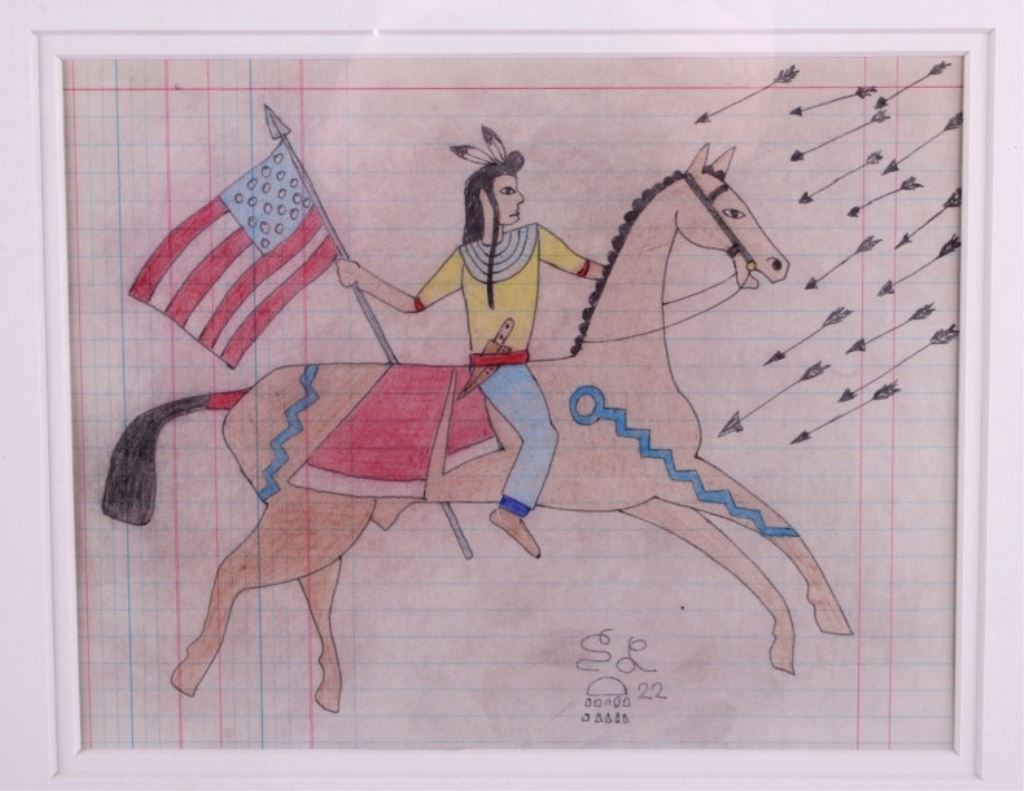 Kiowa Native American Ledger Drawing from Sam Lomo 1922