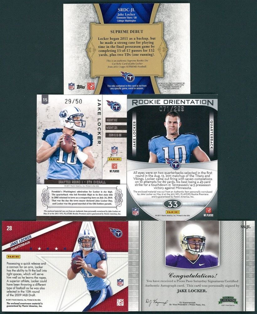 Lot of (5) Jake Locker Autograph & Game-Used Insert Cards
