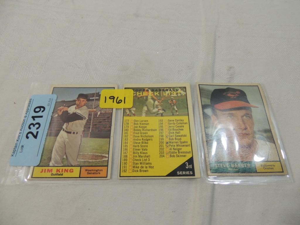 LOT 3 1961 TOPPS BASEBALL CARDS:KING, CHECKLIST, B