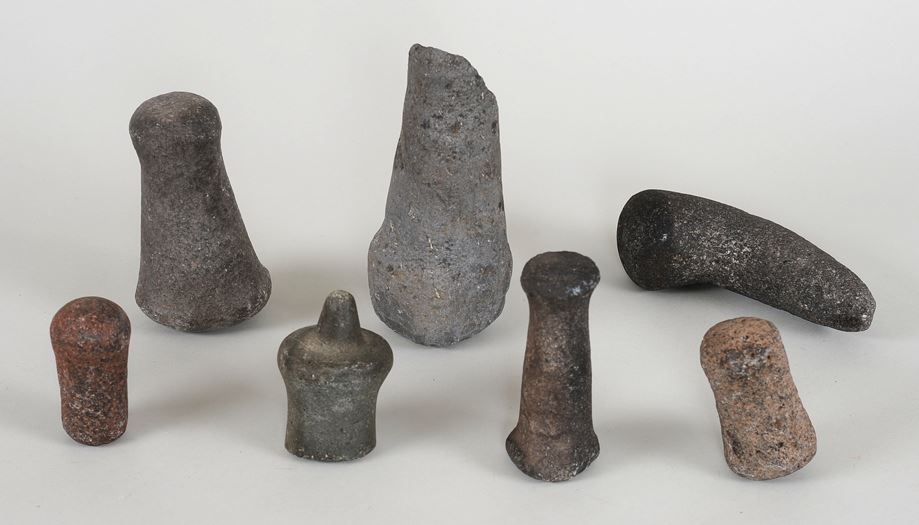 Five Stone Mauls and Two Stone Maul Fragments 2 3/4" L. - 6 1/2" L ...